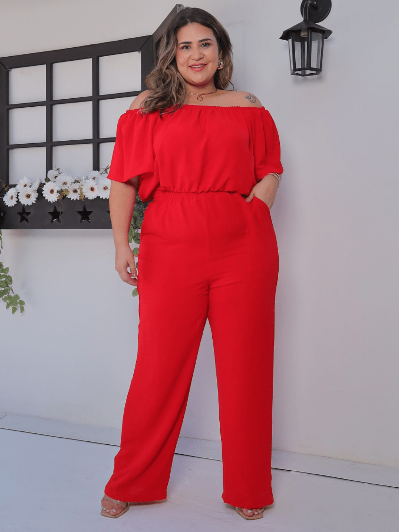 Macacão Perna Longa Com Gola Ombro Á Ombro Plus Size Kelly